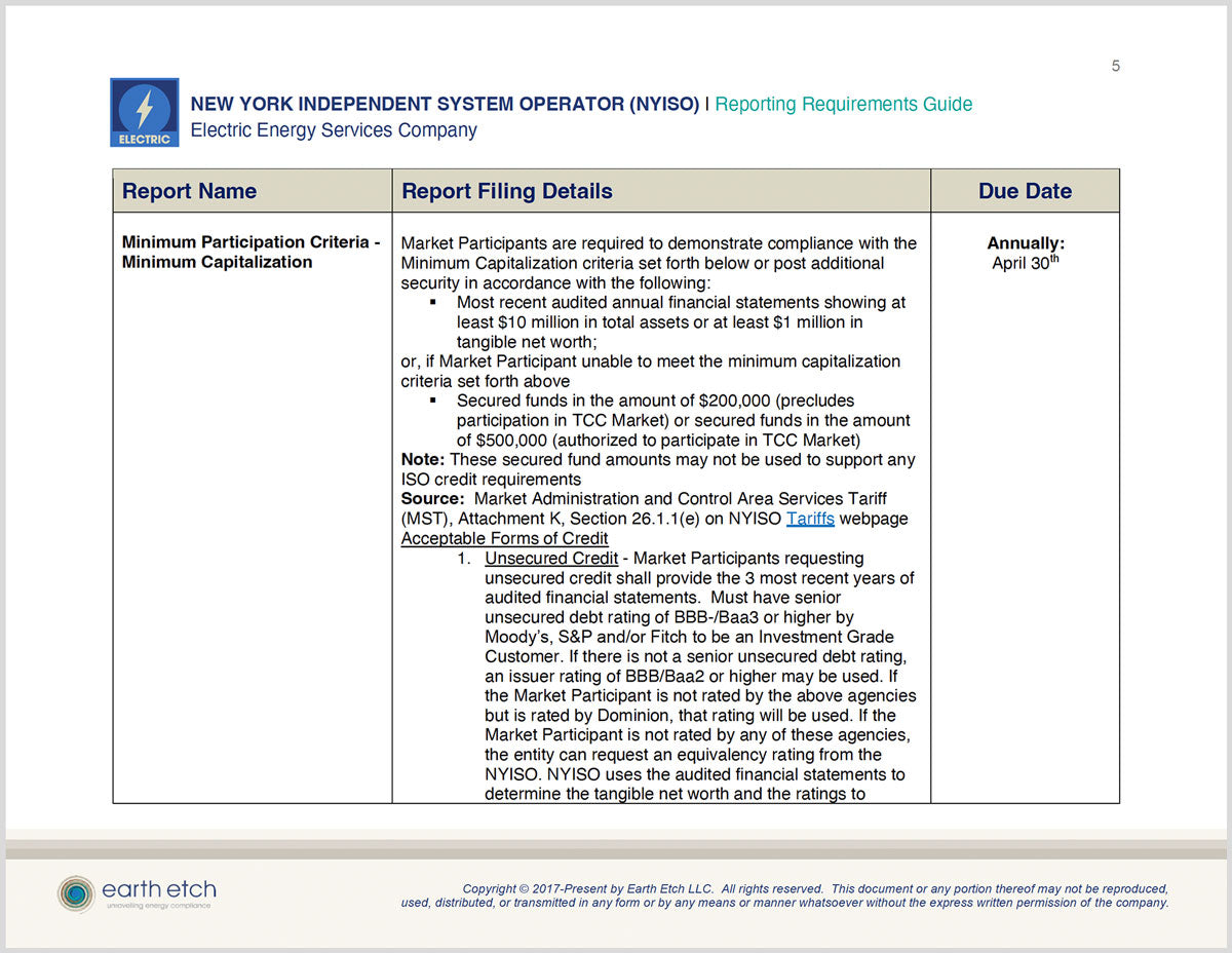 New York Independent System Operator (NYISO) Reporting Requirements ...